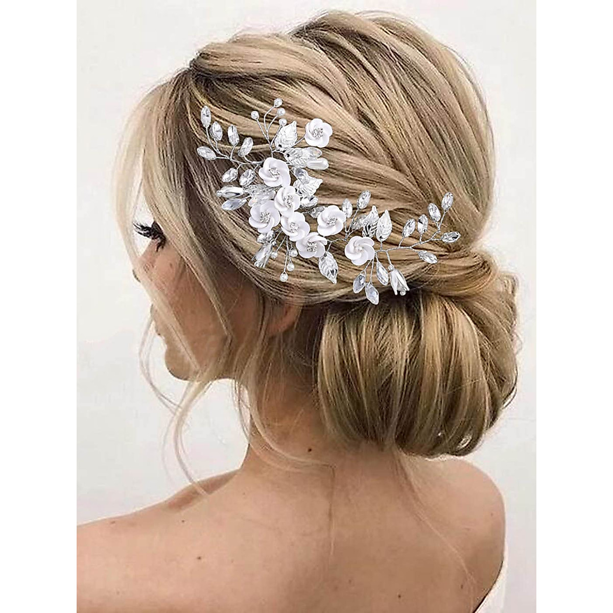 Latious Silver Flower Bride Wedding Hair Vine Crystal Bridal Hair Piece Rhinestone Hair Accessories Leaf Hair Jewelry for Women and Girls(5.5Inches) (A-Silver)