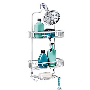 Zenna Home Hanging Shower Caddy, Over the Shower Head Bathroom Storage, Rustproof, No Drilling, Bath Organizer with 2 Shelves, Soap Tray, Razor Holders and Hooks, Satin Chrome