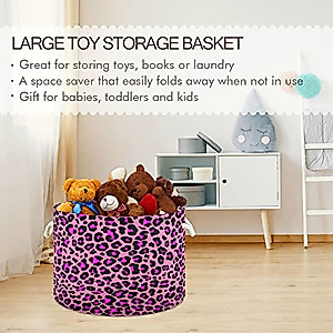 Kigai Storage Basket Pink Purple Leopard Round Toy Baskets Foldable Nursery Organizer Waterproof Inner Layer with Sturdy Handles Clothes Laundry Hamper Bin