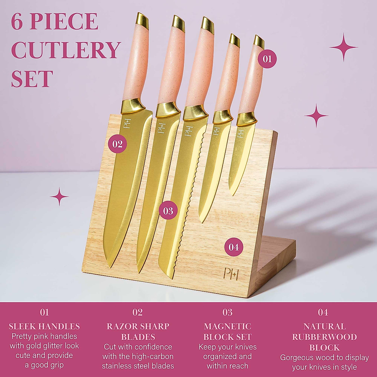 Paris Hilton Knife Block Set with Magnetic Wooden Knife Block, High Carbon Stainless Steel Blades with Titanium Coating, Sleek Comfortable Grip Handles, 6-Piece Set, Pink and Gold