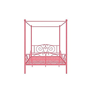 DHP Metal Canopy Kids Platform Bed with Four Poster Design, Scrollwork Headboard and Footboard, Underbed Storage Space, No Box Sring Needed, Full, Pink