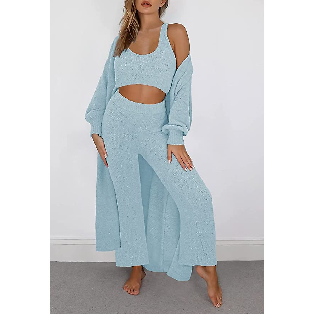 Fixmatti Women Lounge Set 3 Piece Fuzzy Fleece Crop Tops and Pants Open Front Cardigan Pajama Set Light Blue XL