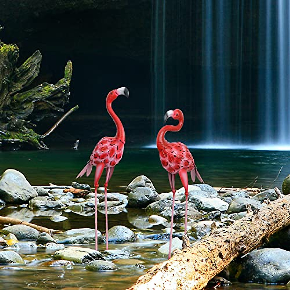 SUNREEK Flamingo Garden Statues and Sculptures, 2 Pcs Metal Large Red Flamingo Birds Yard Art Outdoor Statue for Home Patio Lawn Backyard Décor (Hot Pink)
