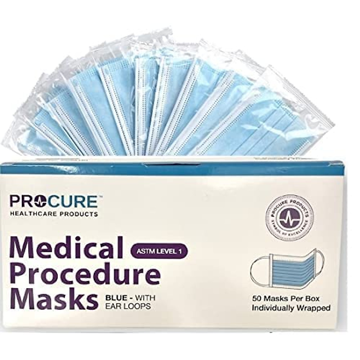 ProCure Disposable 3 Ply Face Masks, 50 Count - Individually Wrapped - Comfortable Elastic Earloops - Glass Free Filter - Latex Free - Non Woven - Filters Dust, Pollen