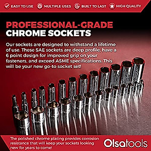 Olsa Tools SAE Socket Set (13pc) | 1/4-Inch Drive | 6-Point Deep Socket Set | Standard Imperial Sizes from 1/8" to 5/8" | Mechanic Fractional Socket Sets | Long Chrome Sockets | Professional Grade
