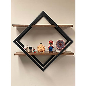 Diamond Shape Metal Frame Wall Mount Rustic Shelf. Mid Century Modern 2 Tier Wall Shelf