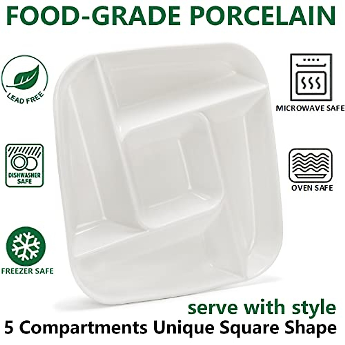 DEAYOU 3 Pack Ceramic Chip and Dip Serving Tray, Porcelain Divided Serving Platter, 10" Decorative Sectional Appetizer Plate, 5-Compartment Stoneware Relish Fruit Dish for Veggie, Snack, Entertaining