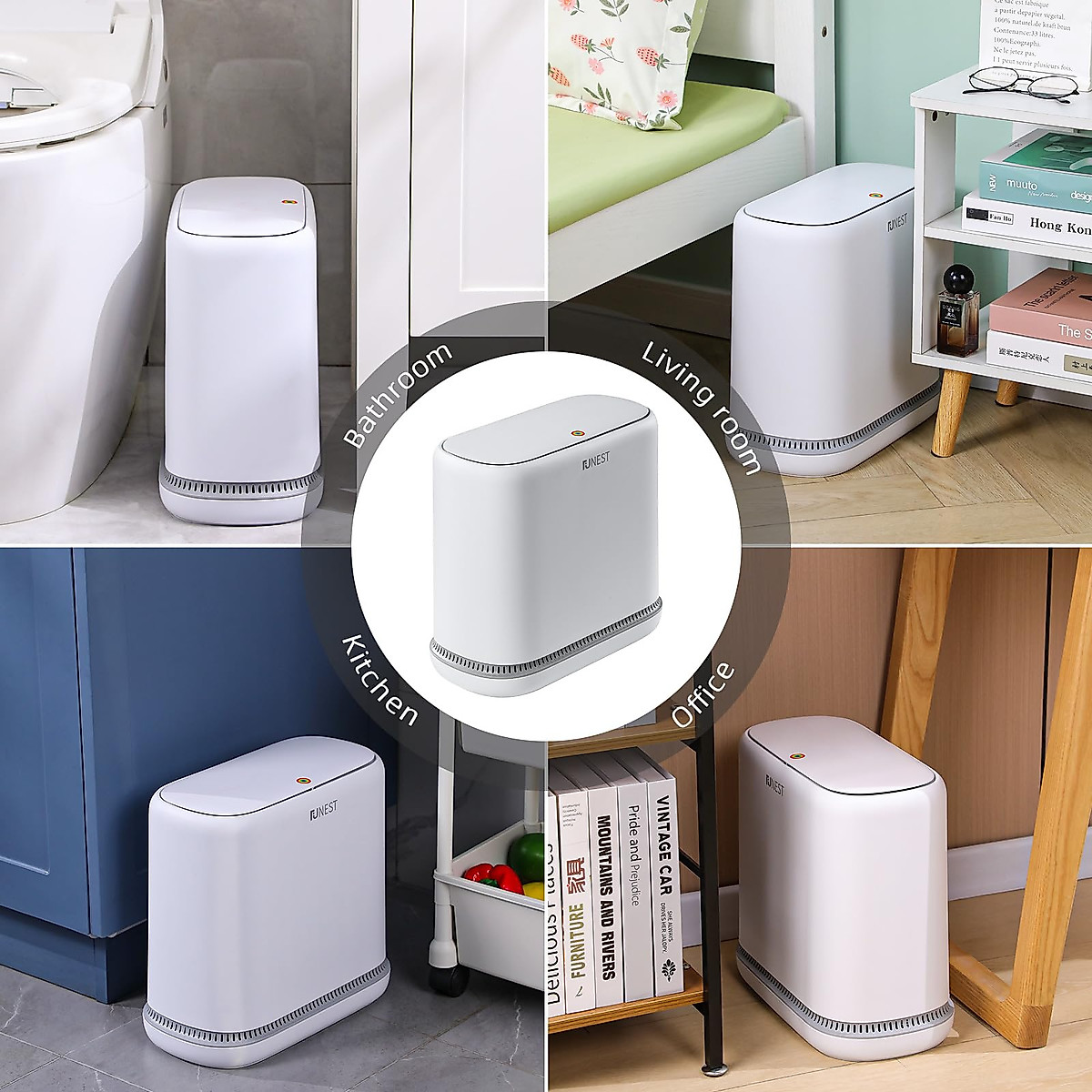 funest Bathroom Trash Can, 3 Gallon Slim Trash Can with Lid, Adsorption Garbage Can with Press-Top Lid, White Narrow Plastic Trash Bin for Bathroom, Office, Bedroom, Living Room