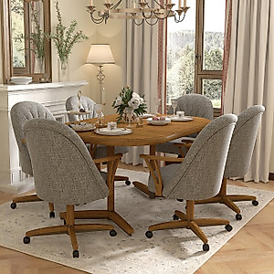 Chromcraft Set of 4 Caster Swivel Tilt Dining Chairs, Luxe Casual Wooden Arm All-Metal Pedestal Base Chairs with Rolling Wheels for Kitchen(Fonzo Marble-Chestnut Oak)