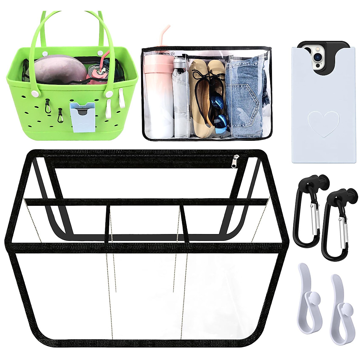 6Pcs Clear Beach Bag Organizer Accessories 17.7X10.5X8in for Bogg Bag X Large Storage Bag, with Insert Phone Holder and Hooks key Holder for Bogg Bag Organizing Your Bag and Divide Spac