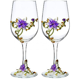 Simcat Handmade Painted Enamel Flower Glass Wine Glasses Transparent Refined Goblet, Stem For Cabernet, Gifts (Purple double gift box,2 Gift Box)