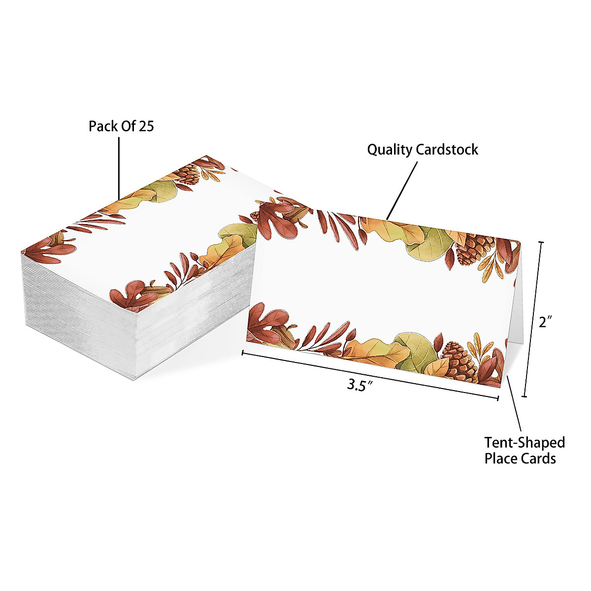 Table Place Card, Fall Harvest Thanksgiving Themed Tent Style Cards, Pack of 25 Half-Fold Reception Place Card, Perfect for Thanksgiving Dinner, Party, Birthday, Wedding, Banquet A10
