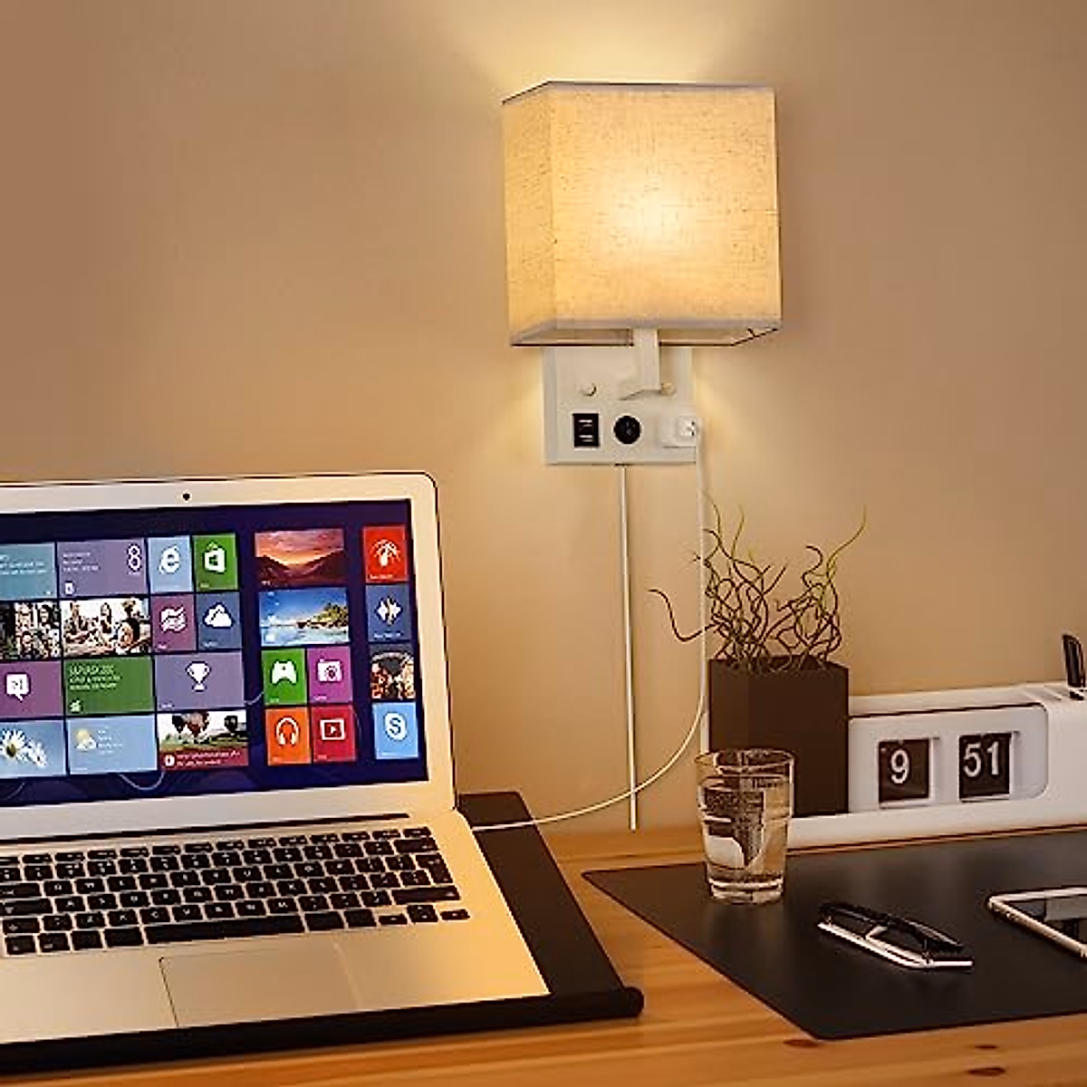 Bedside Wall Lamps Set of 2 Plug in Wall Sconces Wall Lighting with Dual USB Charging Ports and AC Outlet Modern Wall Lamp with Plug in Cord Wall Lights for Bedroom Living Room (2 Bulbs Included)