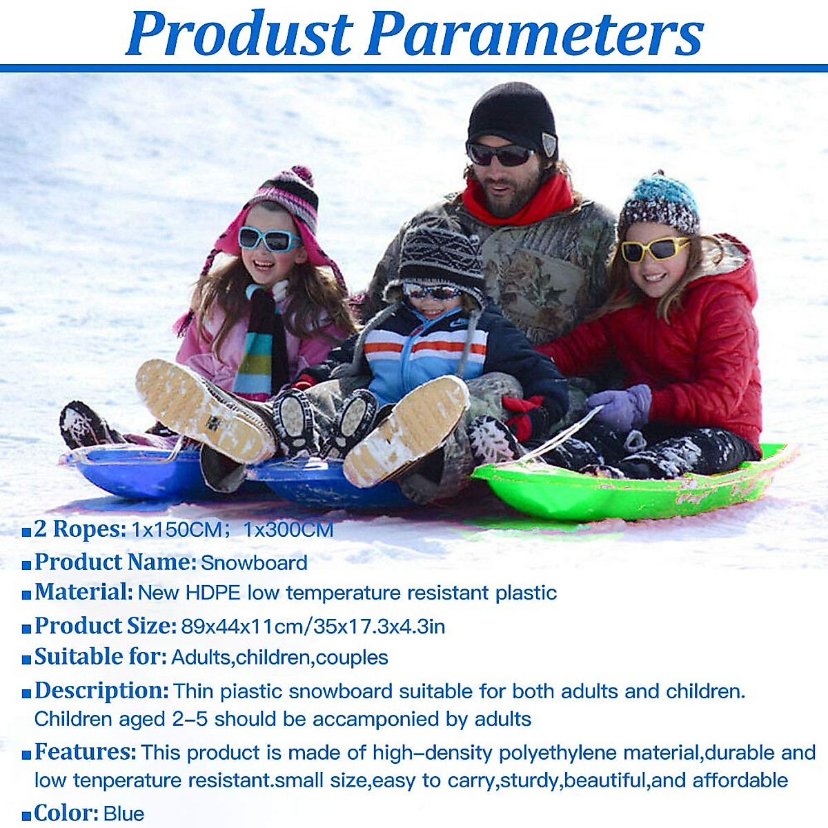 Atalawa Snow Sleds Toboggans, Sledges & Toboggans Heavy Duty Sledge Toboggan Sleigh Sled Plastic Unisex Ski Fun Board, 1 Pack Blue