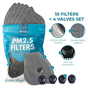 AIRNEX Set of 10 Activated Carbon PM2.5 Filters and 4 Exhaust Valves Replacement fit Most Dust and Pollution Masks in The Market