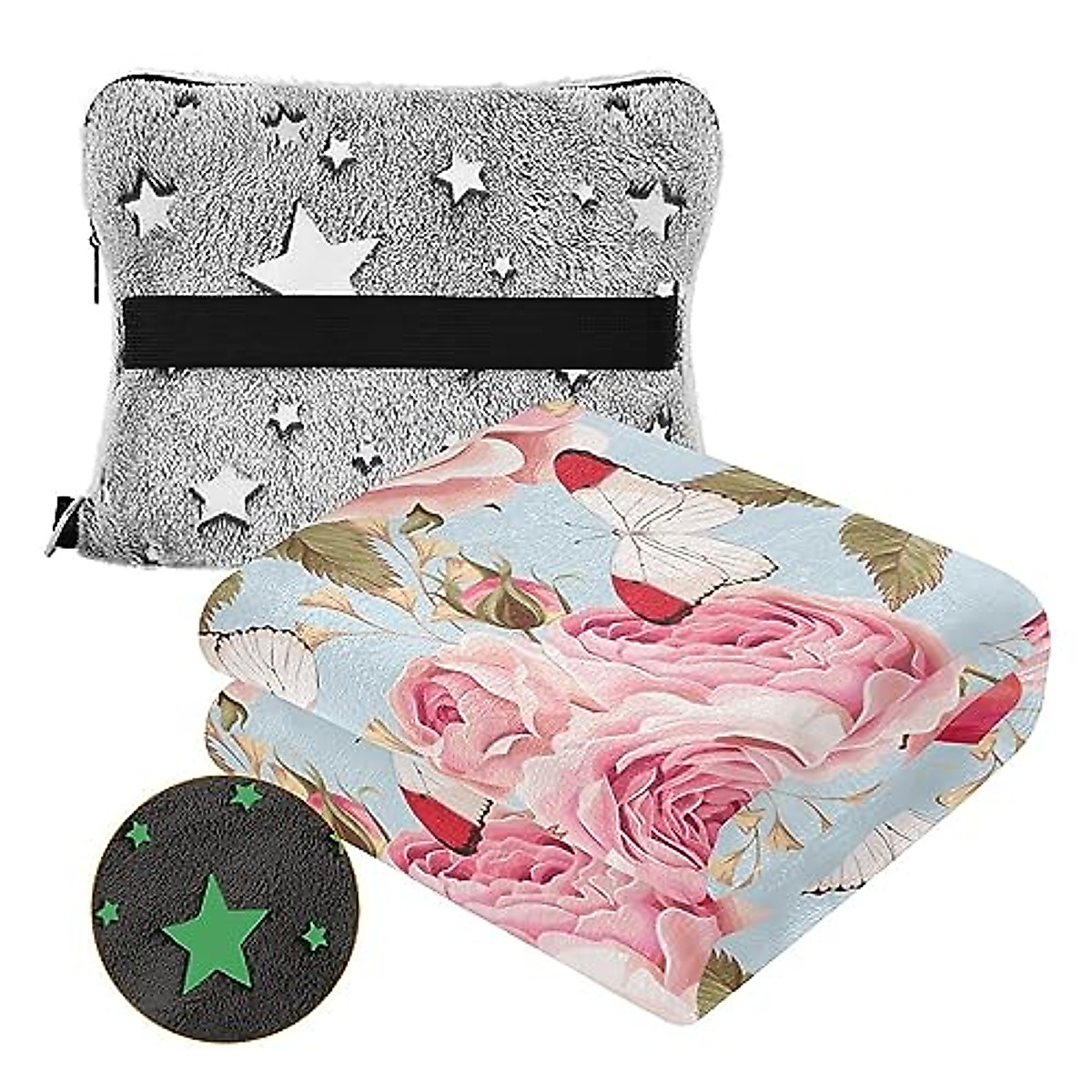 Joko Ivery Roses Birds Flowers Premium Soft Travel Blanket Pillow Airplane Blanket with Hand Luggage Belt & Backpack Clip Travel Pillow and Blanket 2 in 1 for Camping Office Home Train