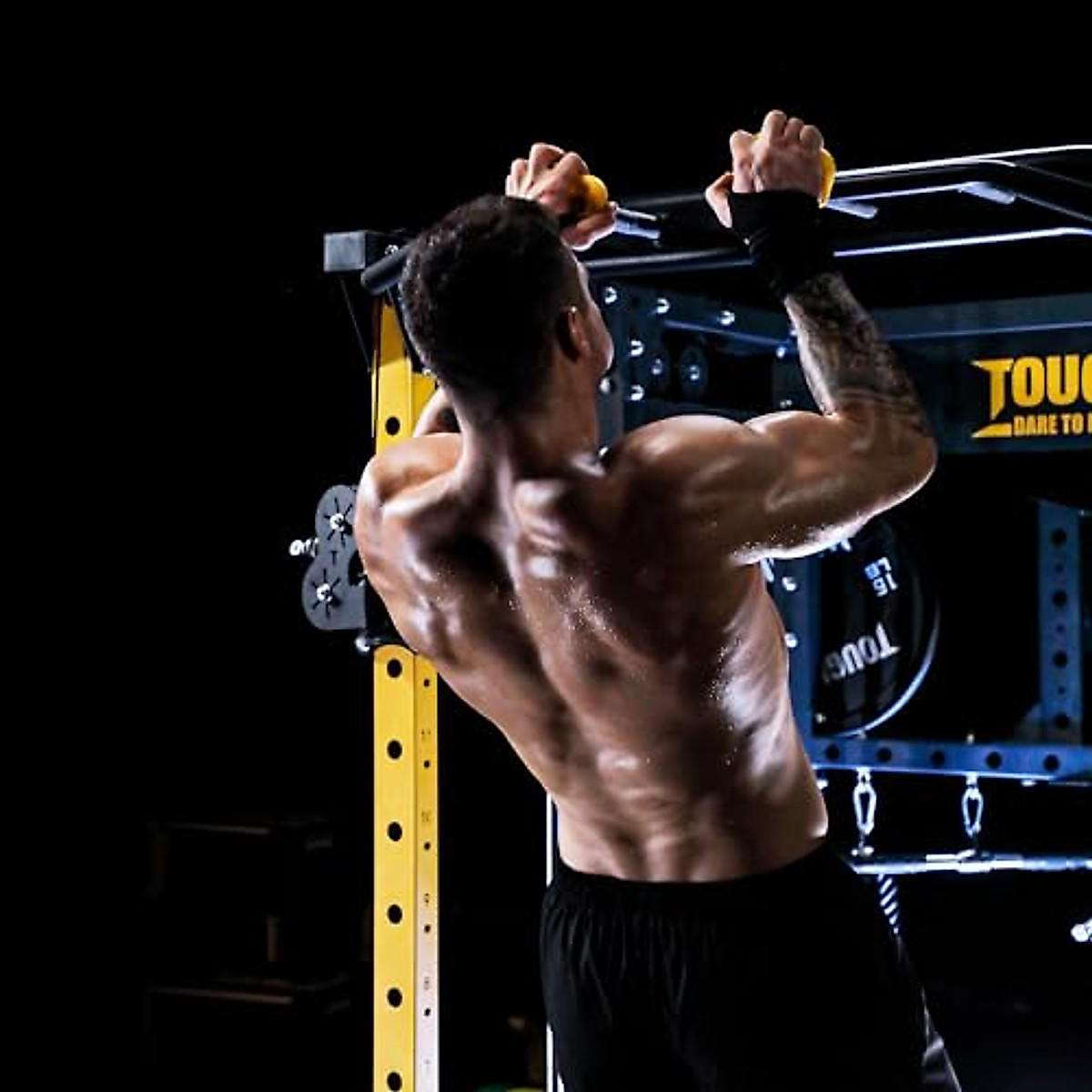 ToughFit Power Cage 1000lbs Squat Rack with Weights and Bar Set Multi-Function Power Rack Weight Cage with Lat Pull-Down/Adjustable Cable Crossover for Strength Training Garage & Home Gym Equipment