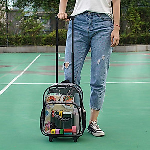 Rolling Clear Backpack, Heavy Duty See Through Bookbag, Transparent PVC Cold-resistant Backpack with Wheels ( Black)