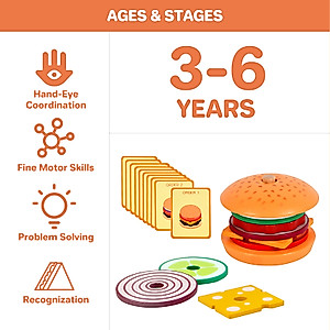 Wooden Burger Stacking Toys, Montessori Toys for Toddlers Fine Motor Skills Toys Educational Learning Toys Play Food Kids Toys for Boys Girls 3 4 5 Years Old (Burger)