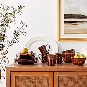 Elama Round Decorated Stoneware Scallop Embossed Dinnerware Dish Set, 16 Piece, Salia