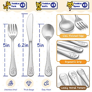 E-far 9-Piece Toddler Utensils, Stainless Steel Kids Silverware for Baby Self Feeding, Includes Toddler Forks Spoons Knife with Cute Animal Pattern, Rust Free & Dishwasher Safe
