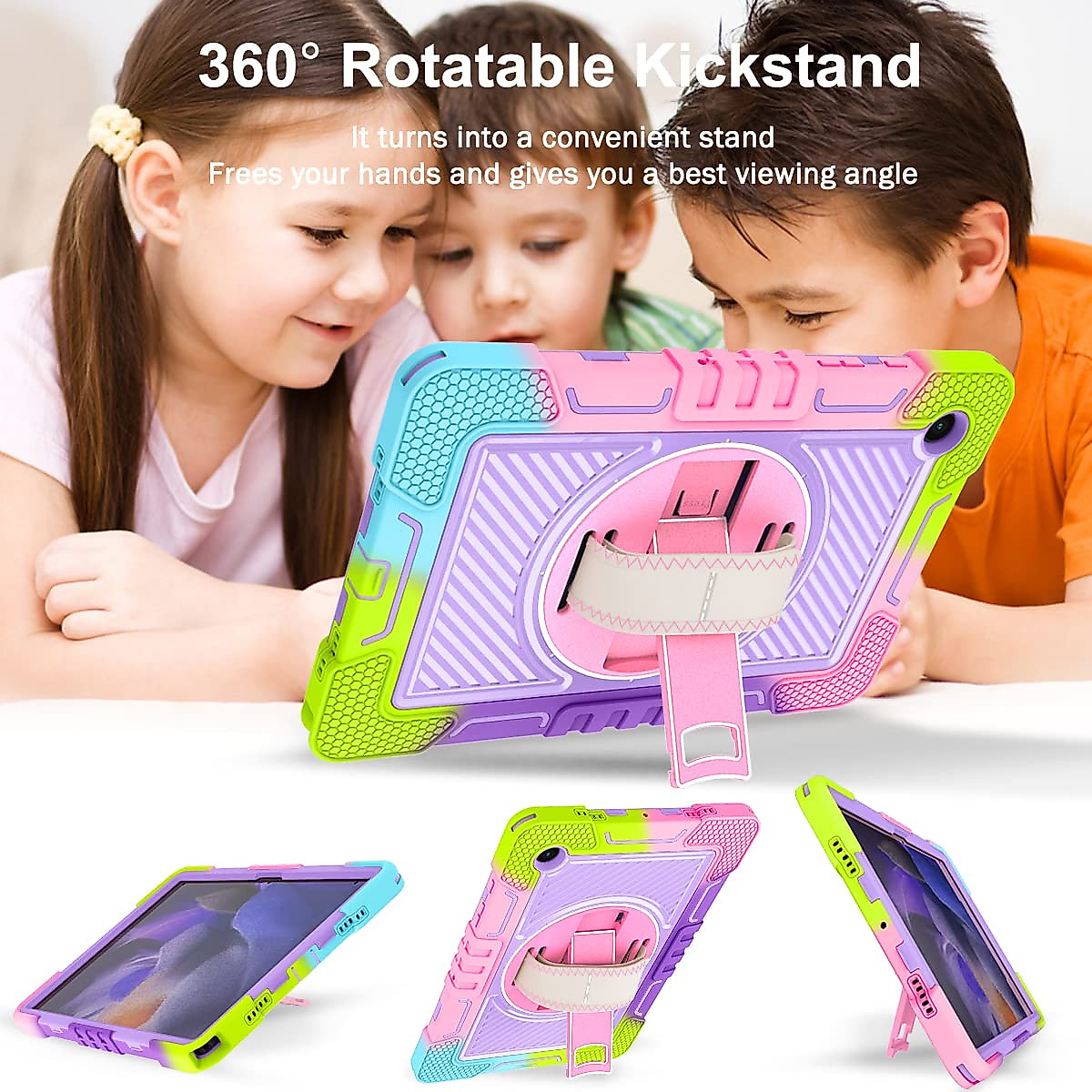 Hocase for Galaxy Tab A8 10.5" Case, with 360 Rotation Stand/Hand & Shoulder Strap, Heavy Duty Shockproof Rugged Rubber Hard Protective Case for Samsung Galaxy Tab A8 10.5" (2022) - Rainbow