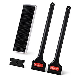NEWISHTOOL 2 Pcs Long Handle Plastic Razor Blade Scraper with 100 PCS Spare Replacement Plastic Blades, Sticker Remover Glue Residue Scraper Tool Long Reach Razor Scraper for Hard to Reach Corner