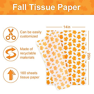 Whaline 160 Sheets Fall Tissue Paper Folded Flat Pumpkin Wrapping Paper Thanksgiving Gift Wrapping Tissue Paper Rustic Art Paper Crafts for Home DIY Gift Bags Party Favor Autumn Decor, 14 x 20inch