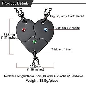 U7 Best Friend Necklace Set for 3 People Black Color Heart Puzzle Pieces Pendant Custom Engraved BFF Necklaces Friendship Family Member Gift with Birthstones