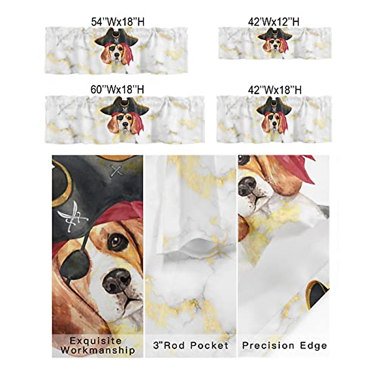 Abstract Geometric Pirate Dog White Gold Marble Valance Curtains for Kitchen Small Windows,Blackout Short Window Treatment Cartoon Animal Rod Pocket Valance for Living Room Bedroom Decor,42"Wx12"L