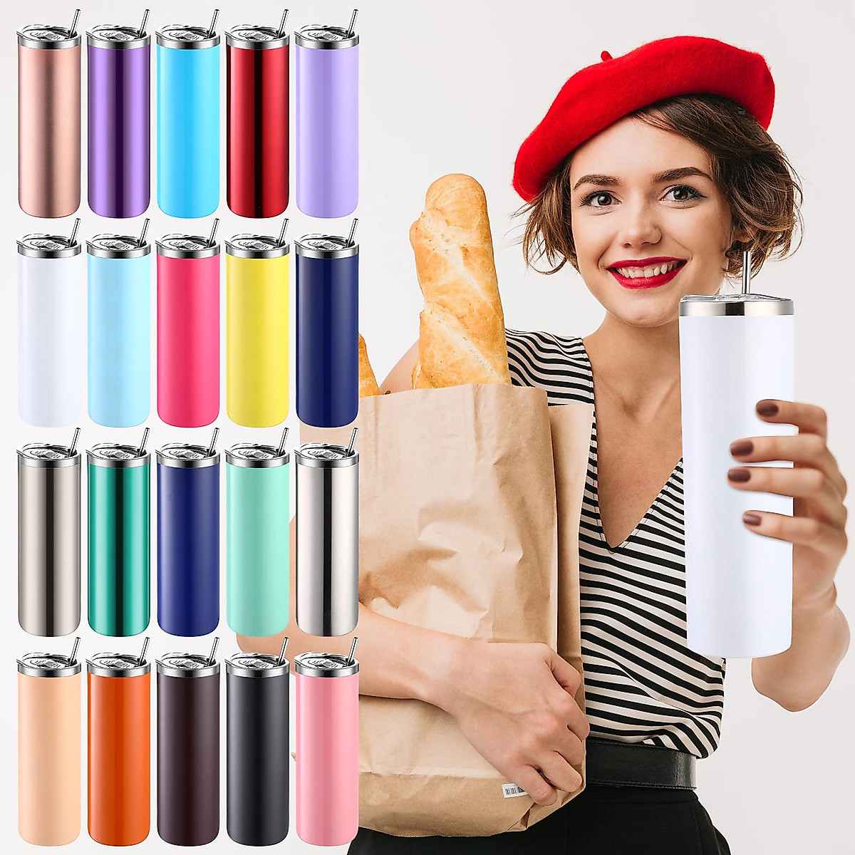 20 Pack Straight Skinny Tumblers Bulk 30oz Stainless Steel Double Wall Vacuum Insulated Mugs with Straw Coffee Tumbler Portable Skinny Travel Tumbler for Hot Cold Drinks DIY Gift
