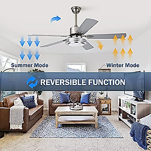 Chriari 52 Inch Ceiling Fans with Lights Remote Control, Wood Low Profile Ceiling Fan with 5 Silver Blades Quiet Reversible DC Motor, Modern Ceiling Fan with 6 Speeds, Dimmable LED Light, Smart Timing