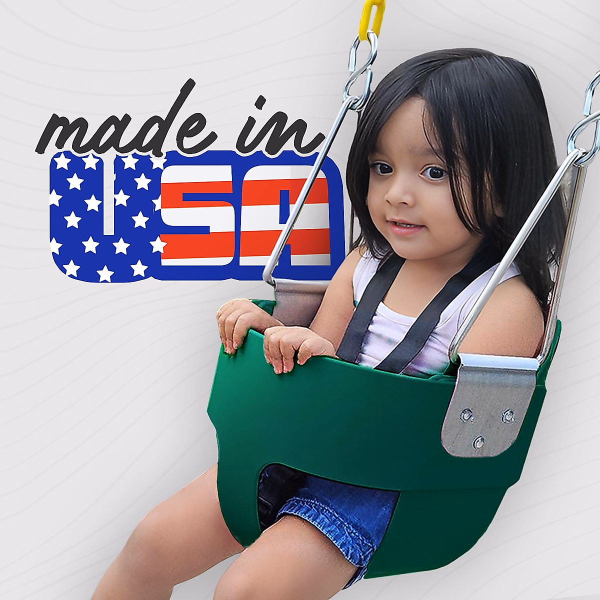 Toddler Bucket Swing Seat - Patent Pending & Exclusive Safety Harness - High Back Full Bucket Toddler Swing Seat w/Heavy-Duty Plastic-Coated Chains - Safari Products USA