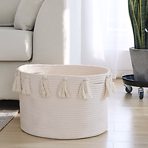 ABETREE Tassel Woven Storage Laundry Basket 17.7" x 11.8" with Handle Cotton Hamper Nursery Basket Blanket Baby Toy Storage Organizer