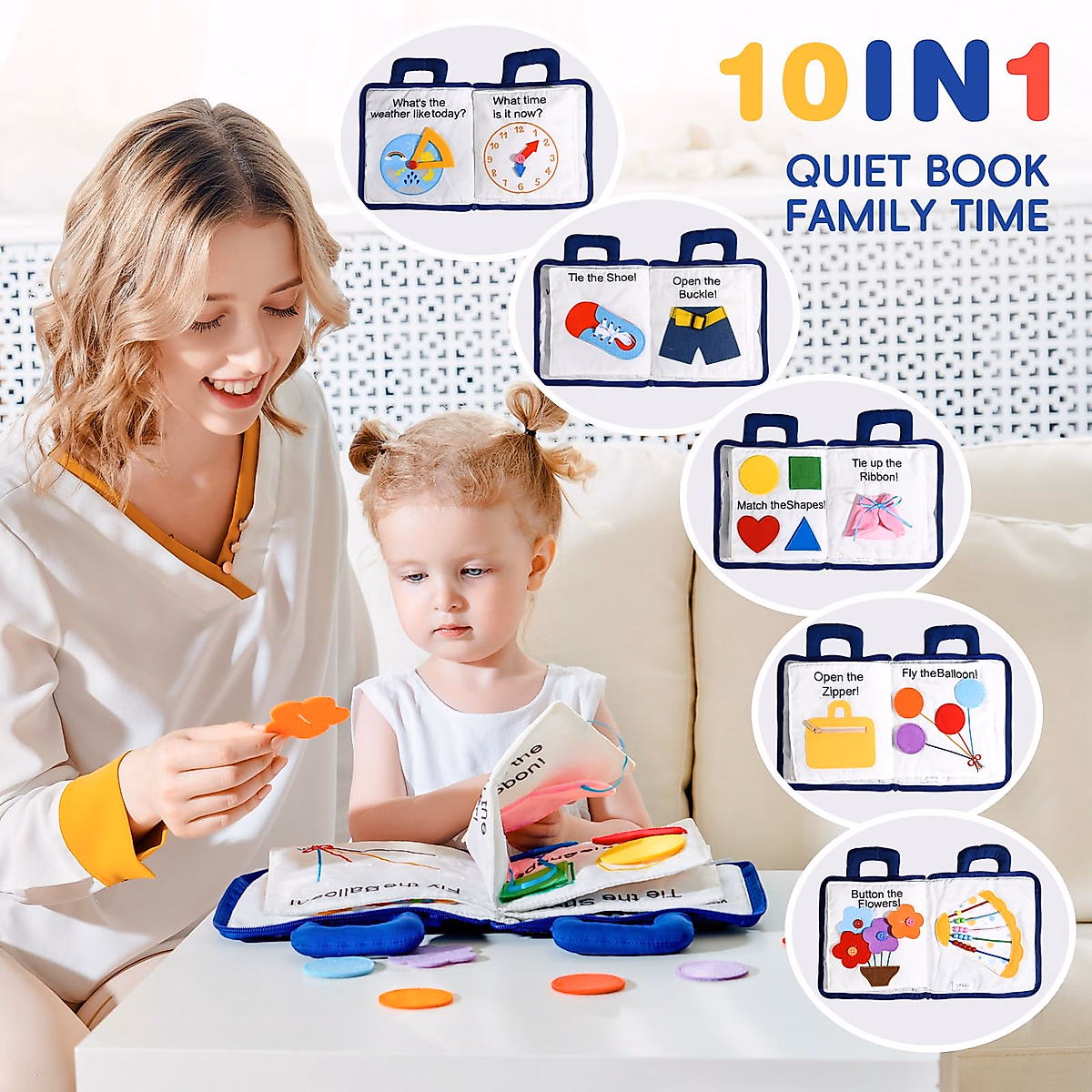 Jollybaby Baby Soft Busy Books -My Quiet Book, Travel Toy & Montessori Sensory Educational, 10 Preschool Learning Activities for 1 2 3 Year Old Toddlers Boy Girl(Blue)