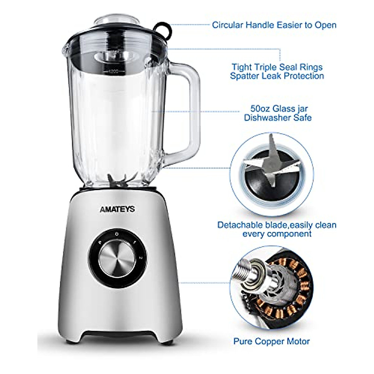 Amateys Quiet Smoothie Blender with 50 Oz Glass Jar,Professional Kitchen Blender for Shakes and Smoothies,Countertop Blender Speed Adjustable for Ice Crush Frozen Fruit Puree Mlikshakes