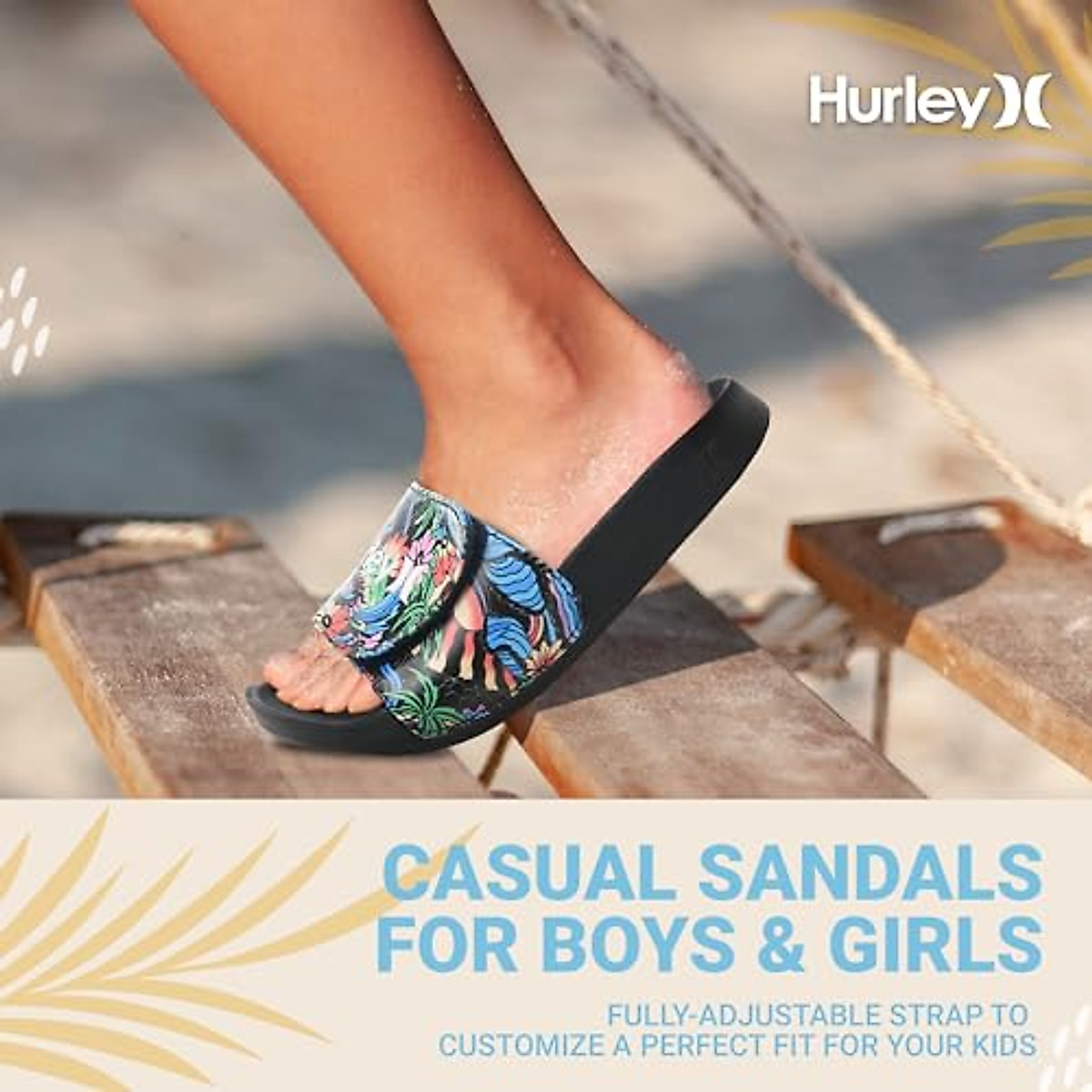 Hurley Naia Slides for Girls and Boys, Slip-On Kids Slippers with Adjustable Strap, Kid's Sandals for Indoor and Outdoor, Adjustable Sporty Slides for Kids, Eva Footbed Shower Slides, Hawaii