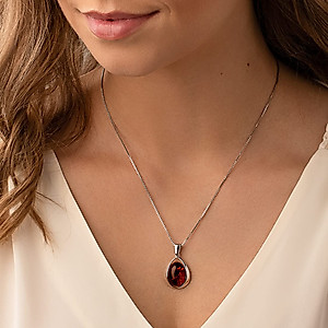 PEORA Genuine Baltic Amber Floating Solitaire Pendant Necklace for Women 925 Sterling Silver, Rich Cognac Color, with 18 inch Chain
