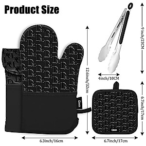 Qimh Oven Mitts and Pot Holders, 4 Pcs Kitchen Oven Mitts Set with Cooking Tongs, High Heat Resistant 500℉ Extra Long Non-Slip Silicone Surface Oven Gloves for Baking, Cooking, BBQ