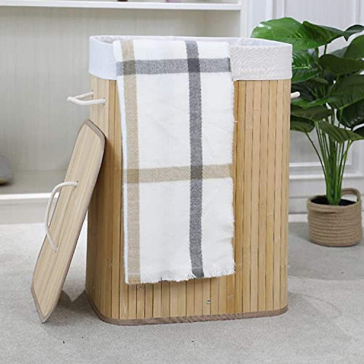 Double Laundry Hamper with Lid, Divided Laundry Basket with Cotton Handles, Bamboo Hamper with Liner for Laundry Room, Bedroom, 153L