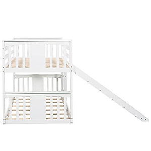 Tidyard Twin Over Twin Bunk Bed with Slide and Ladder, Wood Bed Frame White for Bedroom Dorm Guest Room Home Furniture