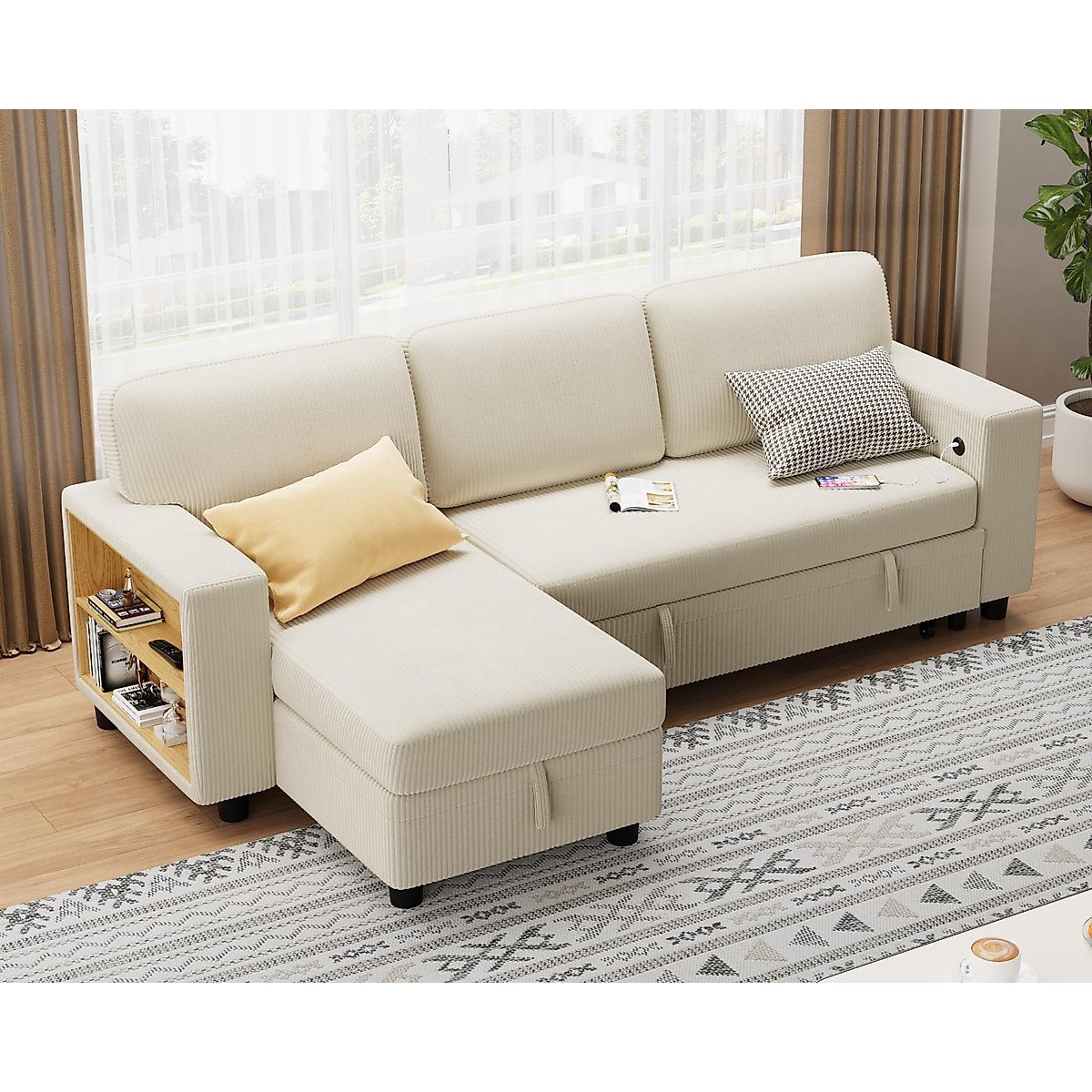 Flamaker 80" Sleeper Sofa, Sofa Bed with Built-in Large Storage and 2 Bookshelves, Convertible Sectional Sofa Couch, Pull Out Couch with USB, Modern Couches for Living Room (Corduroy, Light Beige)