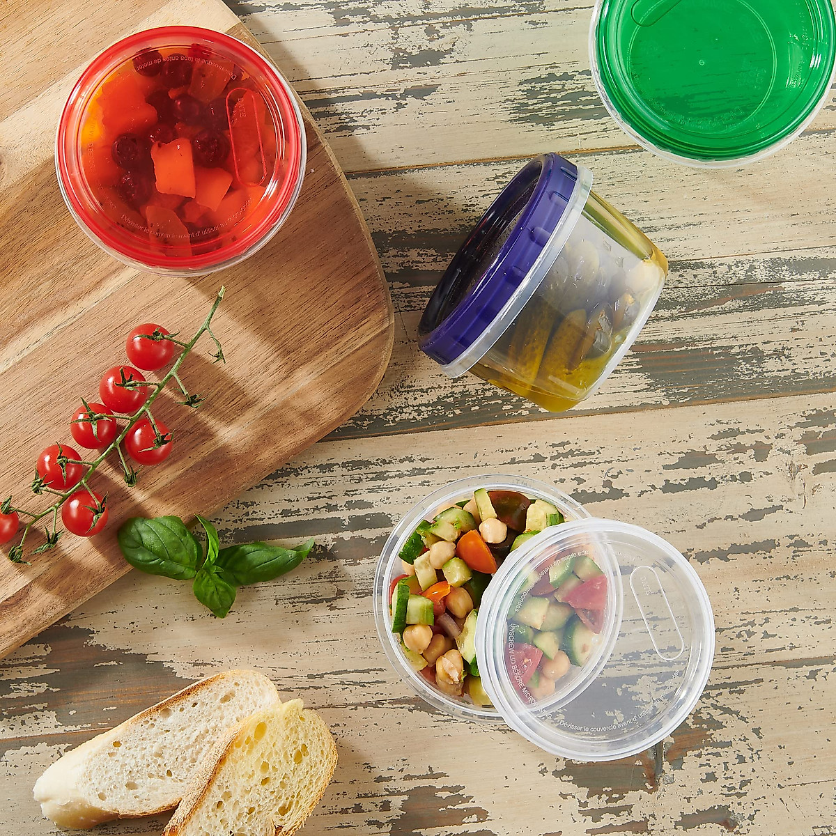 ELEGANT DISPOSABLES 16 ounce Plastic Food Storage Containers with colored Twist Top Lids Reusable Leak Proof Deli Containers for Freezer Storage Meal Prep (12)