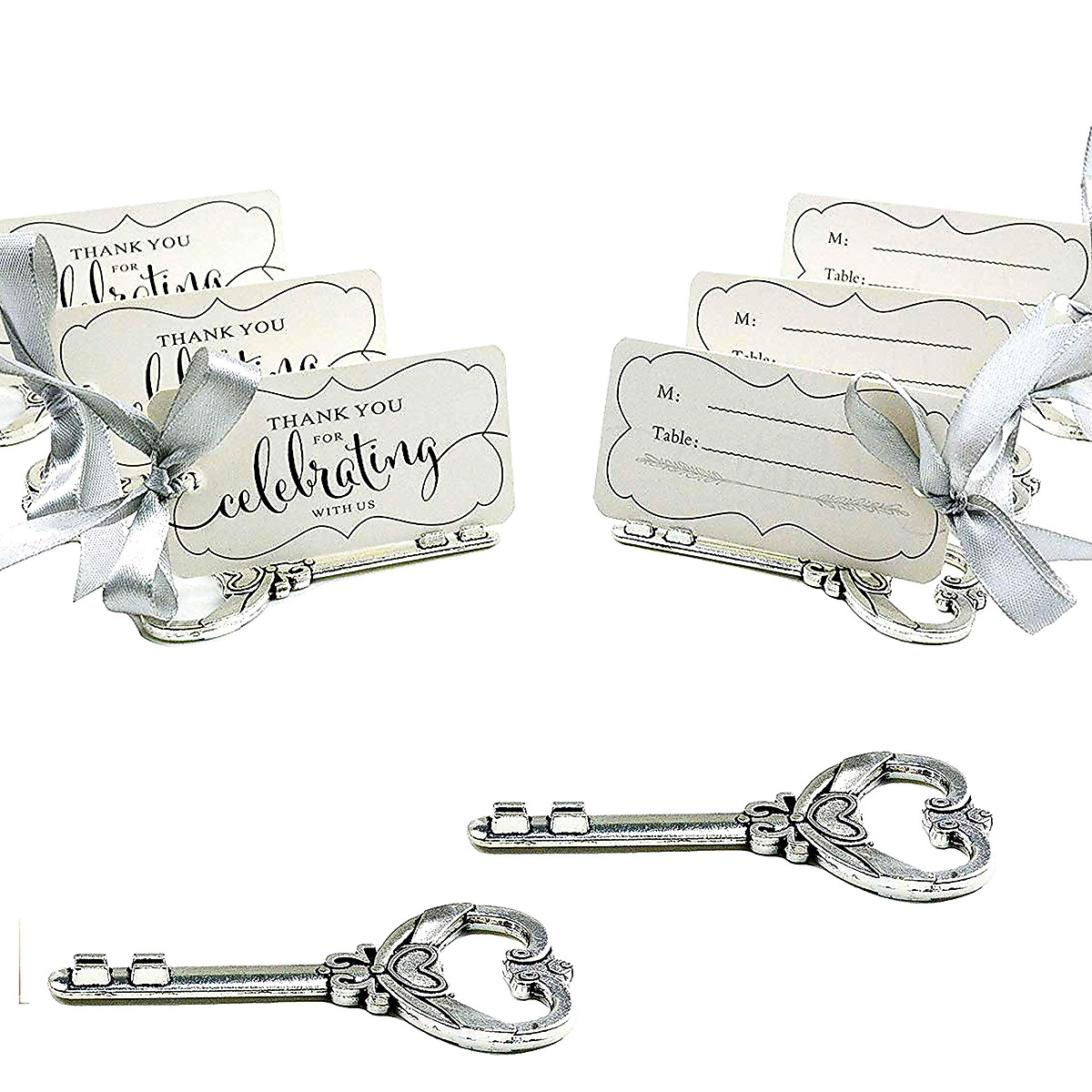 Aokbean 50pcs Skeleton Key Bottle Opener Place Card Holder for Weddings Table Name Cards for Guests Souvenirs with French Ribbon (Antique Silver)