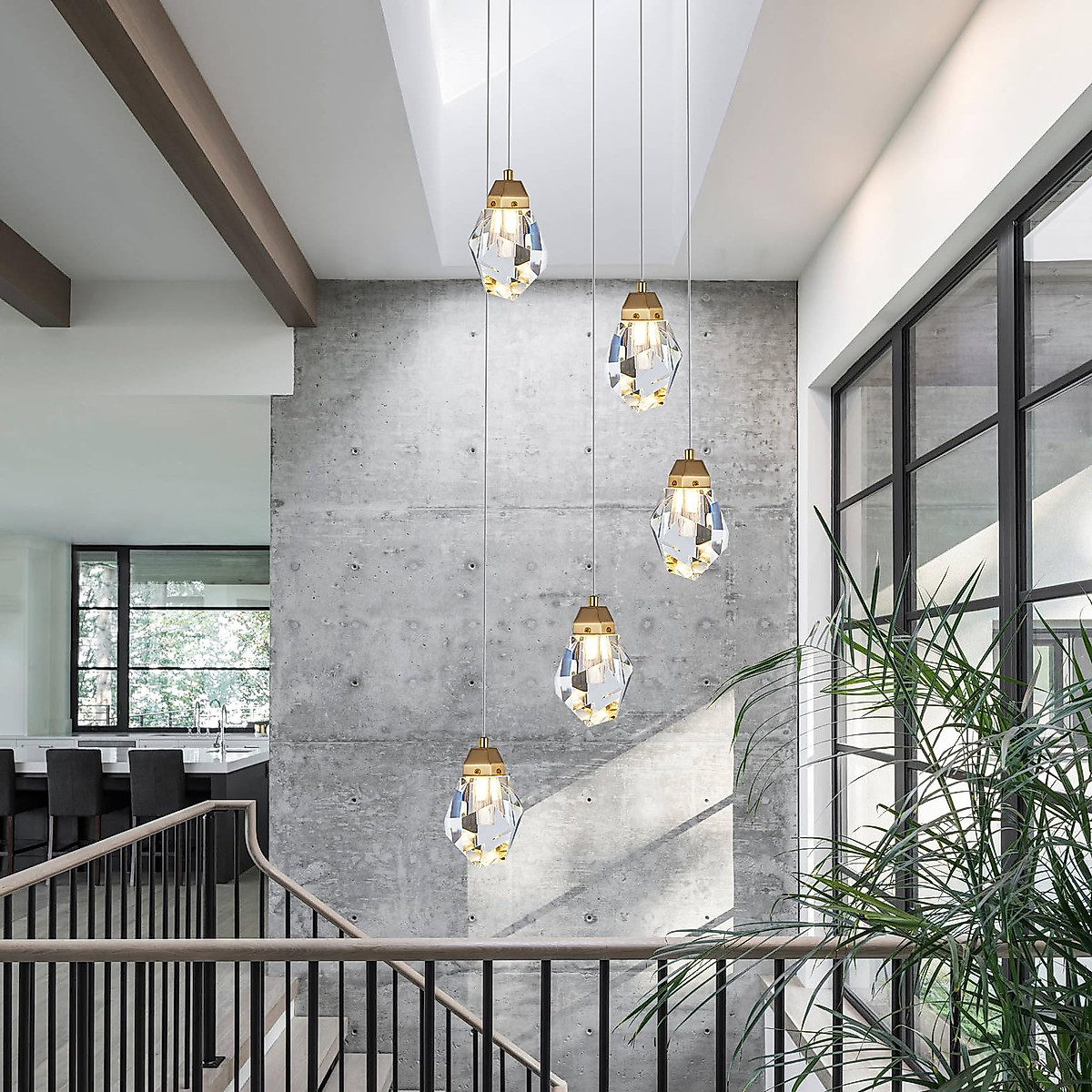 KOKAiZeeKi Dimmable Brass Gold Crystal Pendant Light - Modern 5-Light Diamond Chandelier for Kitchen Island, Dining Room, Hallway, and Bathroom