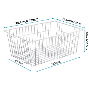 iPEGTOP Wire Storage Freezer Baskets, Set of 2 Large 15.2" Farmhouse Organizer Storage Bins Fridge Basket Rack with Handles for Kitchen Cabinets, Pantry, Office, Bathroom Organization- White
