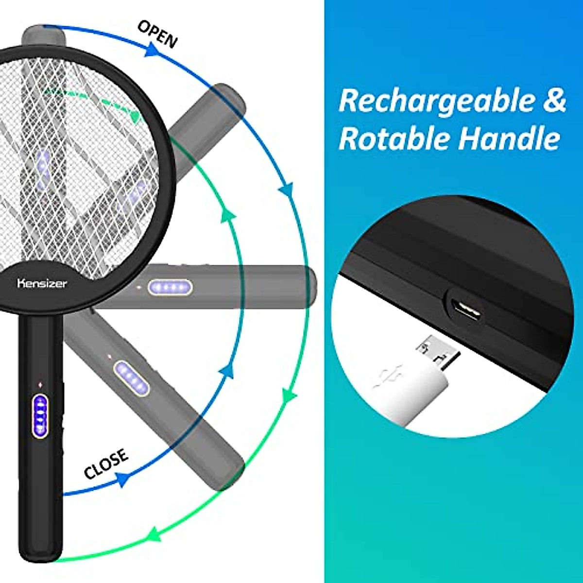 Kensizer Bug Zapper Electric Fly Swatter, Foldable Rechargeable Mosquito Zapper Racket with USB Charging Cable (Black)