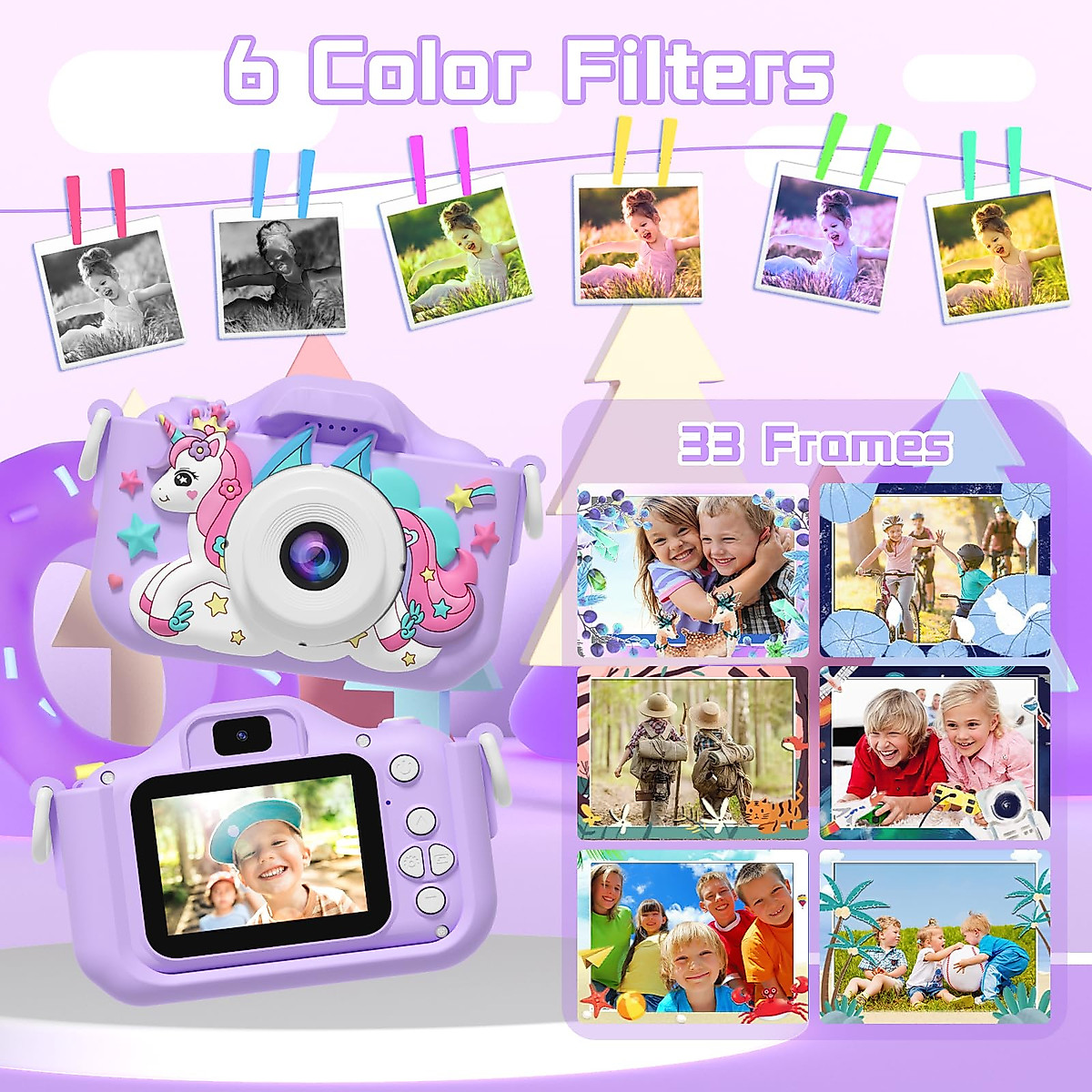 Anesky Kids Camera, Toy Camera for Kids Aged 3 4 5 6 7 8 9 10 11 12, 1080P HD Toddler Digital Video Camera, Children's Camera for Boys and Girls, Perfect Christmas & Birthday Gifts, 32GB Card - Purple