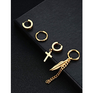 Ofeiyaa 4 Pairs Stainless Steel Dangle Hinged Hoop Earrings Huggie Earrings Piercing CZ Stud for Men Women Silver