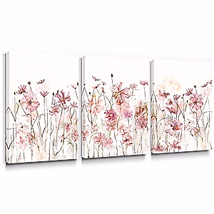 SUMGAR Pink Flower Wall Art Bedroom 3 Piece Romantic Floral Wildflower Plants Nature Scenery Canvas Prints Contemporary Red Bloom Pictures for Teen Girl Room Living Room Bathroom, 12 x 16 inch